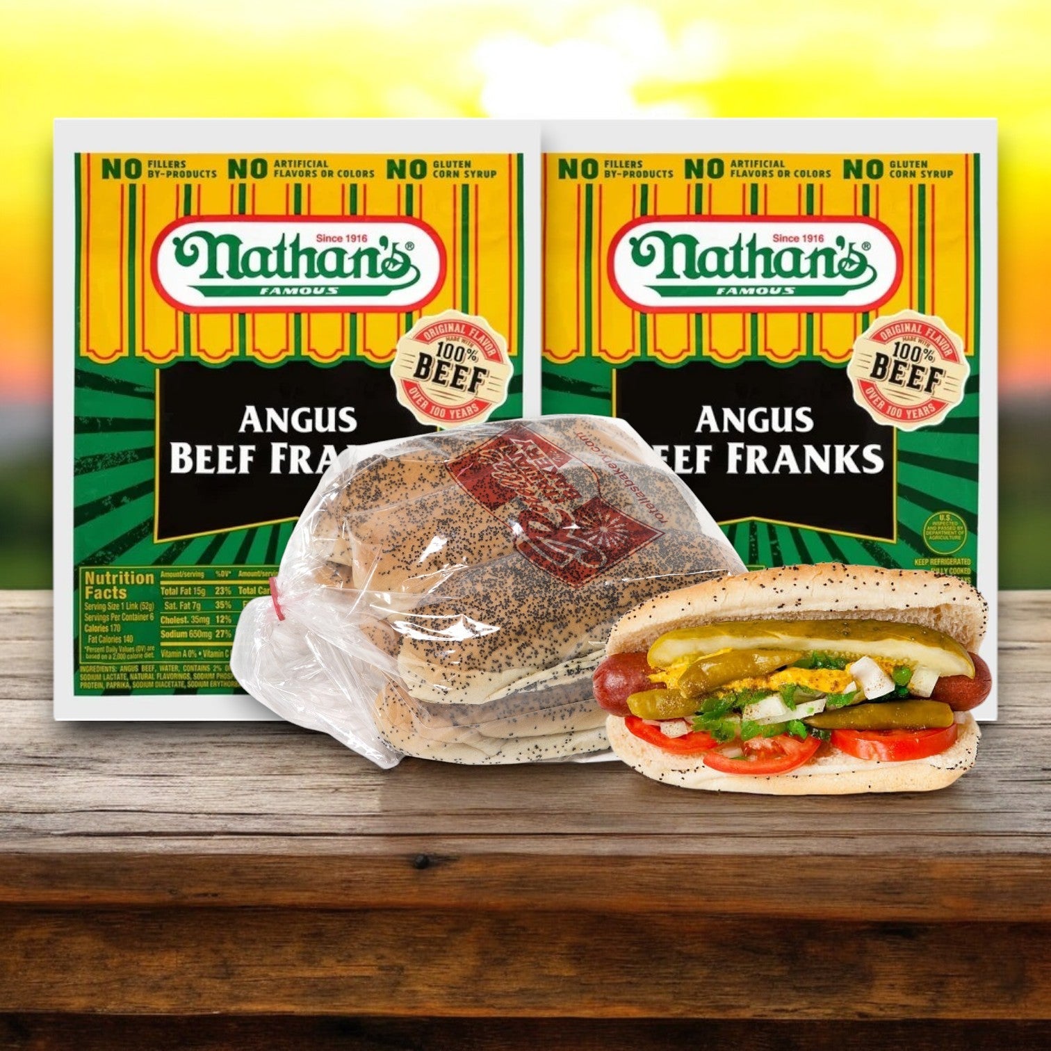 Nathan’s Angus Beef Hot Dog Bundle – 16 Hot Dogs & 16 Buns