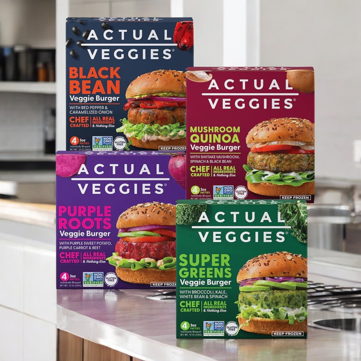 Actual Veggies 4 Pack Bundle – 4 Varieties of Veggie Burgers – 4 Burge